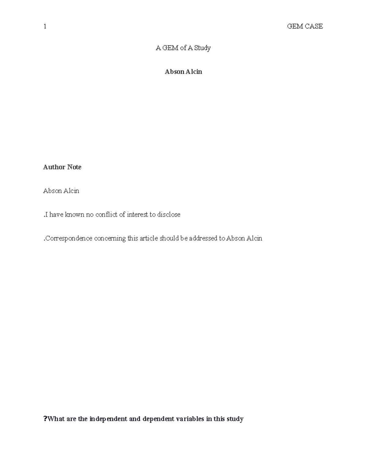 1001 - literature review - A GEM of A Study Abson Alcin Author Note ...