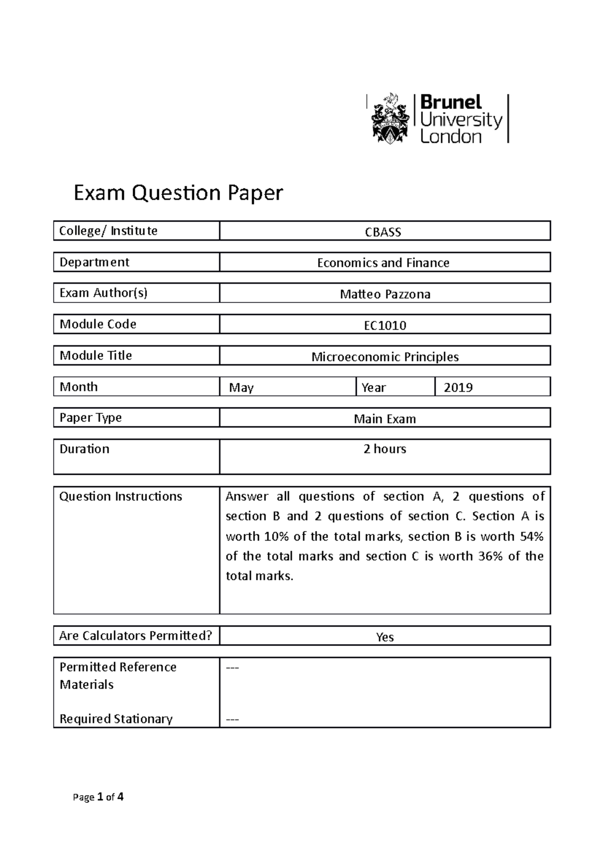 EC1010 May 2019 - May final exam paper - questions - Exam Question ...