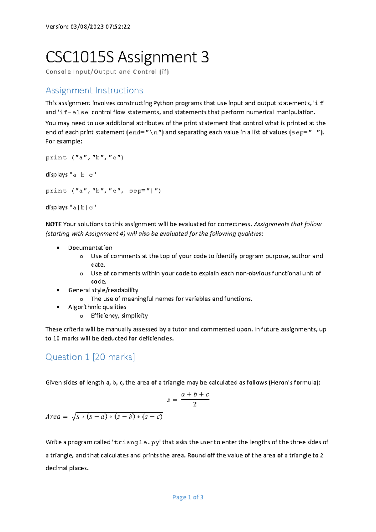 3. IO, Control (if)-2 - Version: 03/08/2023 07:52: Page 1 of 3 CSC1015S Assignment 3 Console ...