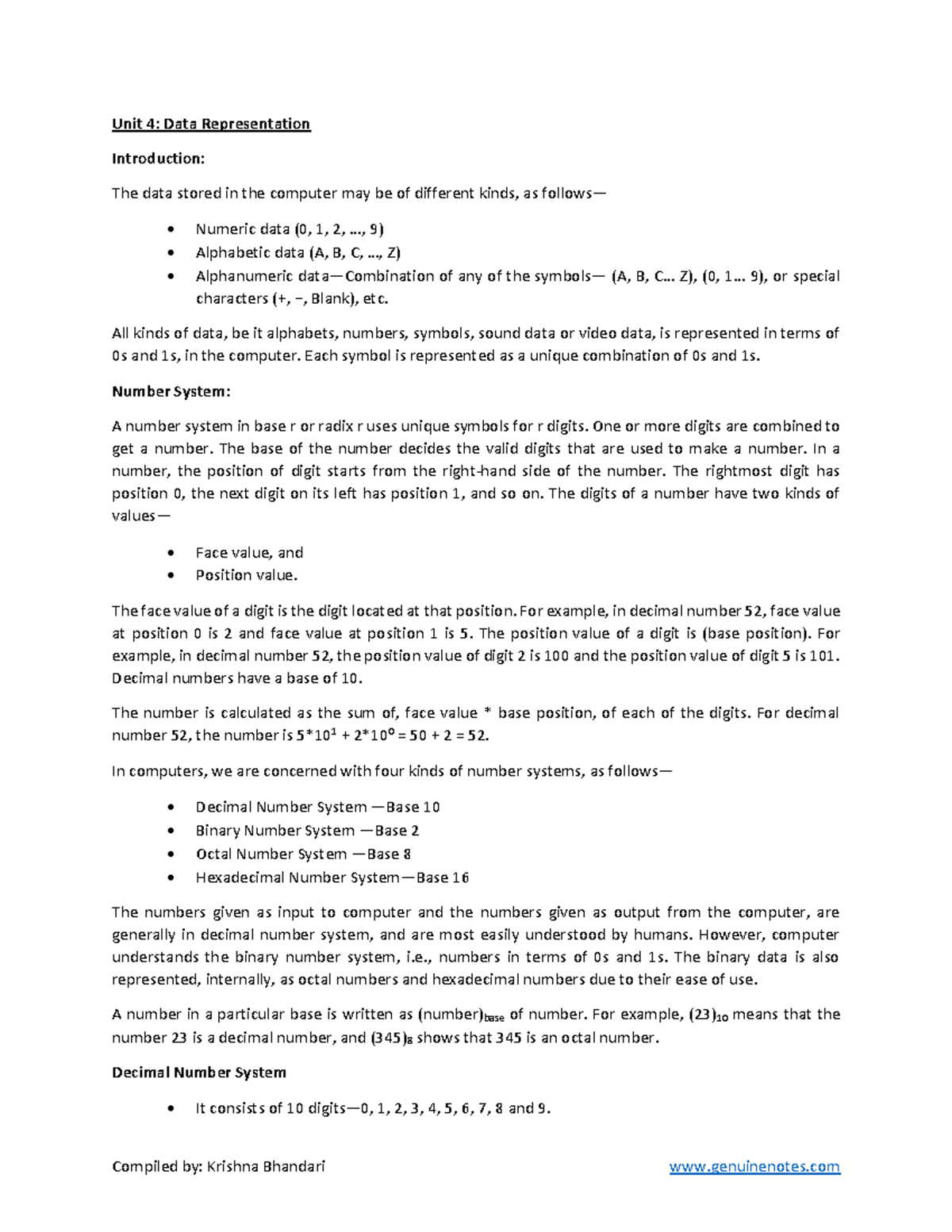 Unit 4 Data Representation - Unit 4: Data Representation Introduction: The data stored in the ...