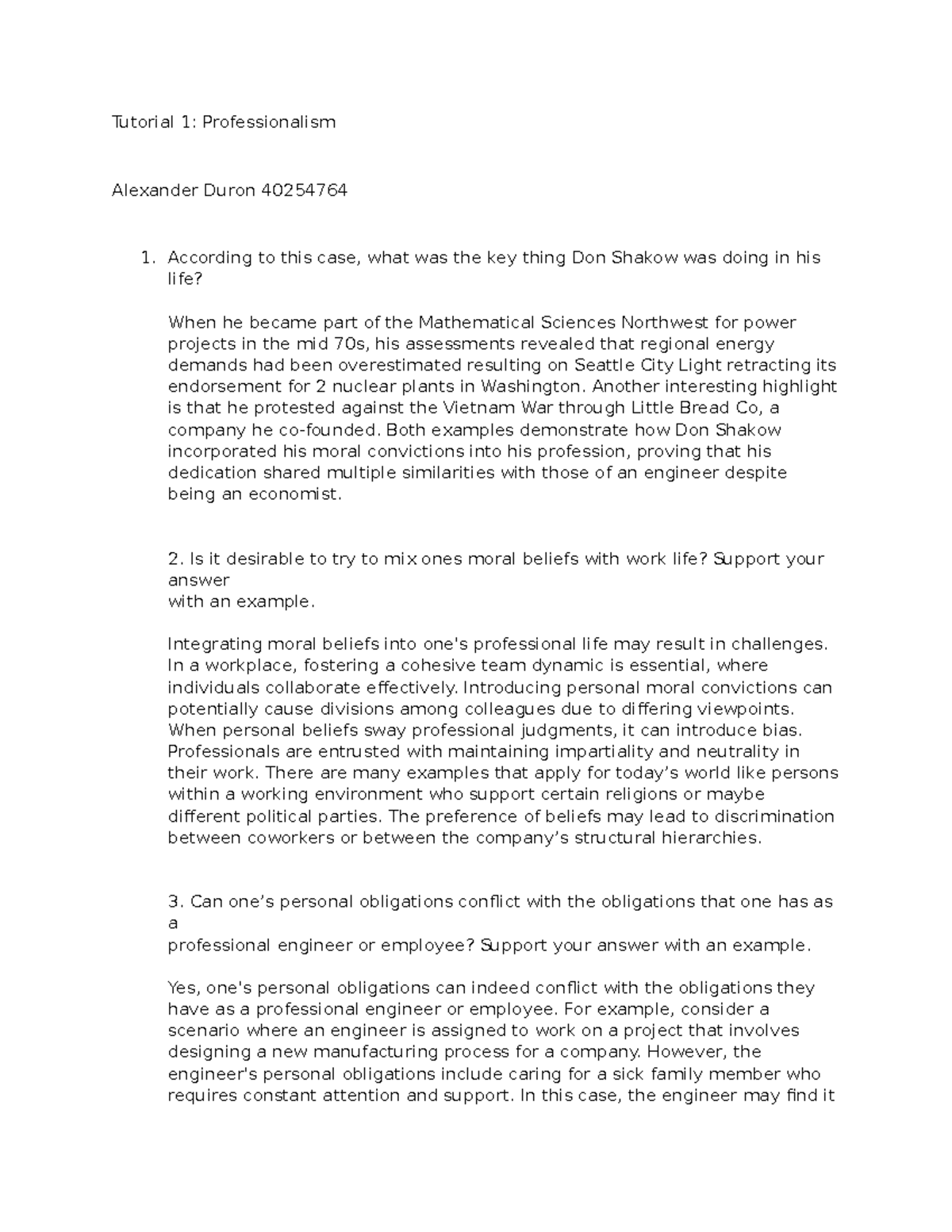 Tutorial 1 - Chapter 1 practice - Tutorial 1: Professionalism Alexander Duron 40254764 1 ...