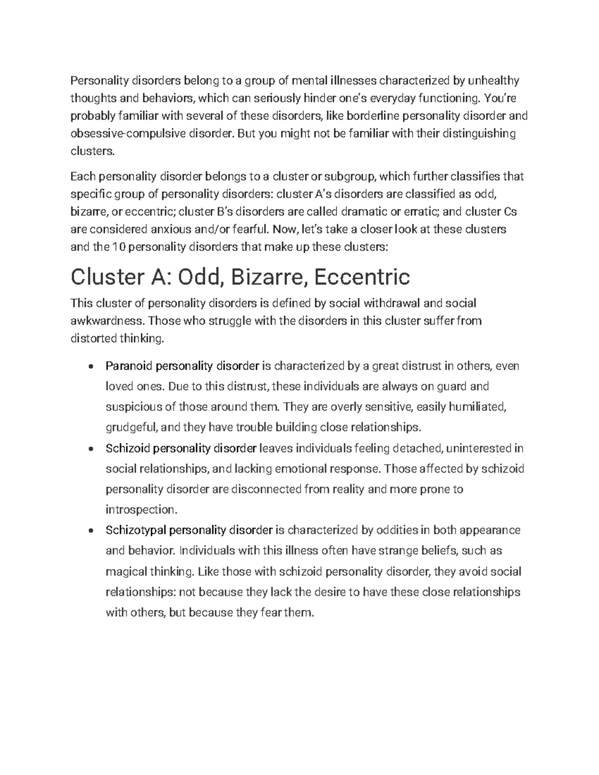 Personality Disorder Cluster Notes - Personality disorders belong to a ...