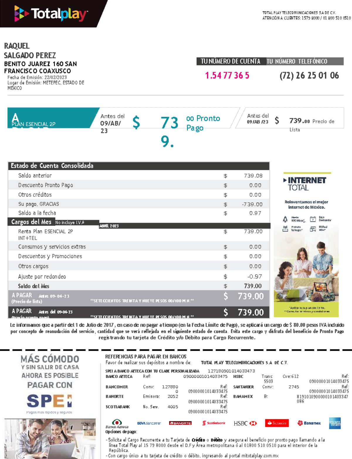 Factura Total PLAY (1) - TOTAL PLAY TELECOMUNICACIONES S DE C. ATENCIÓN ...