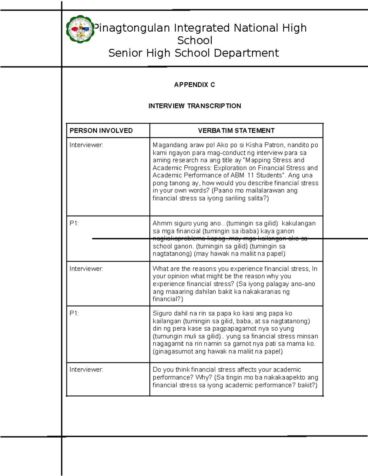 G3 Interview Trans, Codes, Patterns AND Themes - School Senior High ...