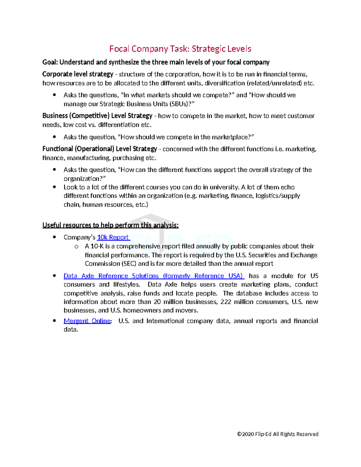 Focal Task - Strategic Levels - Focal Company Task: Strategic Levels ...