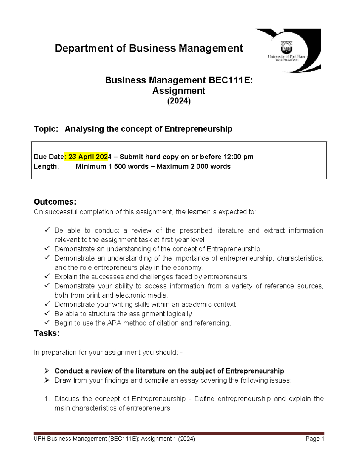 Assignment Guide - BEC111E - Department of Business Management Business Management BEC111E ...