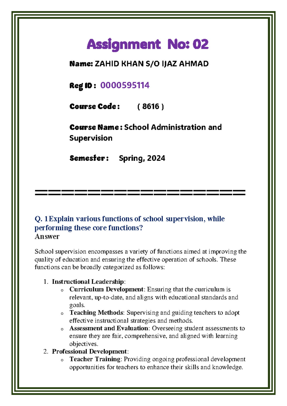 ( 8616 ) 2 - Solved assignment - Assignment No: 0 2 Name: ZAHID KHAN S ...