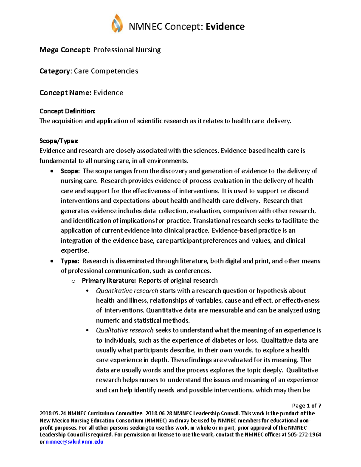 Evidence.rev .05.24 - N/A - Page 1 of 7 2018.05 NMNEC Curriculum ...
