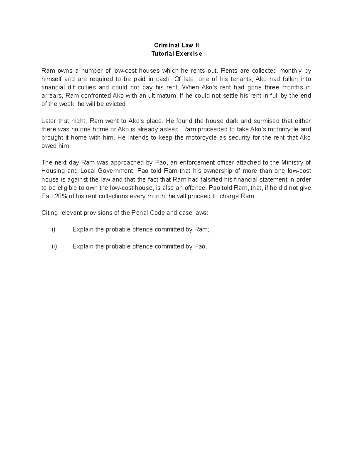Tutorial Exercise 5 LAW555 CRIMINAL LAW II - Criminal Law II Tutorial ...