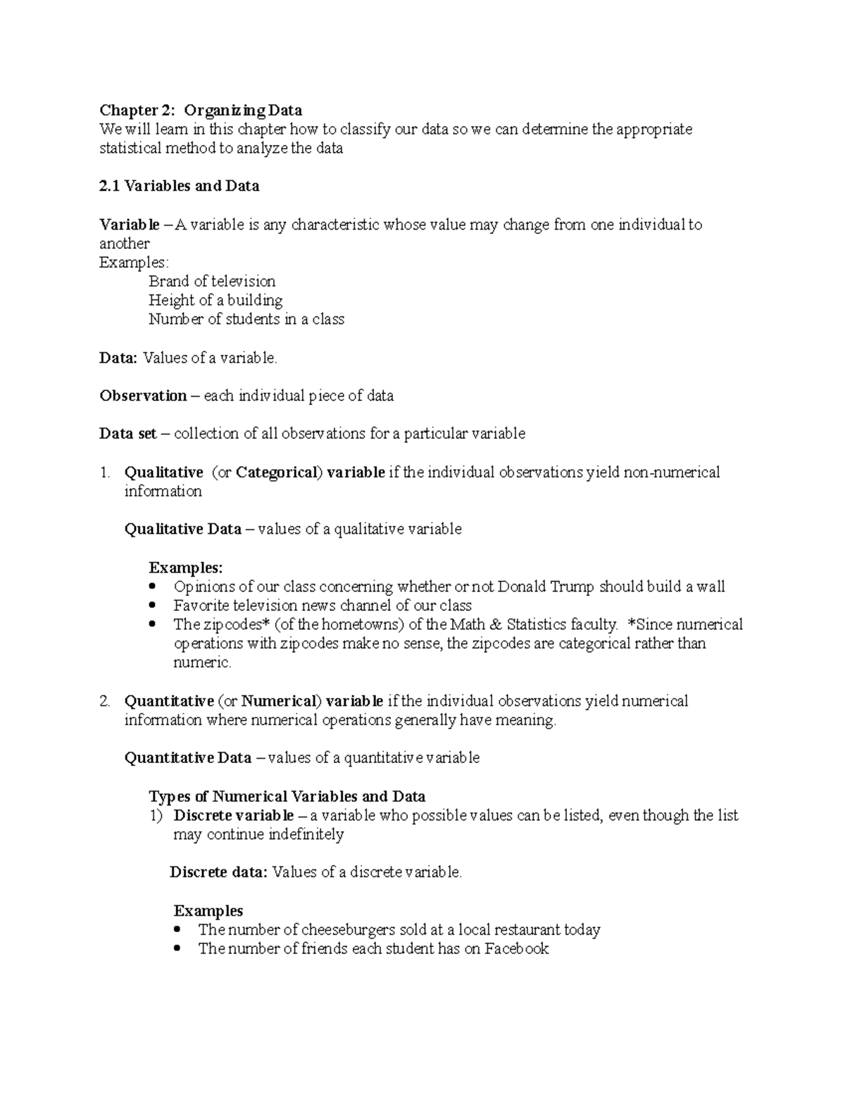 STA 270 Chapter 2 Notes - Organizing Data - Chapter 2: Organizing Data ...