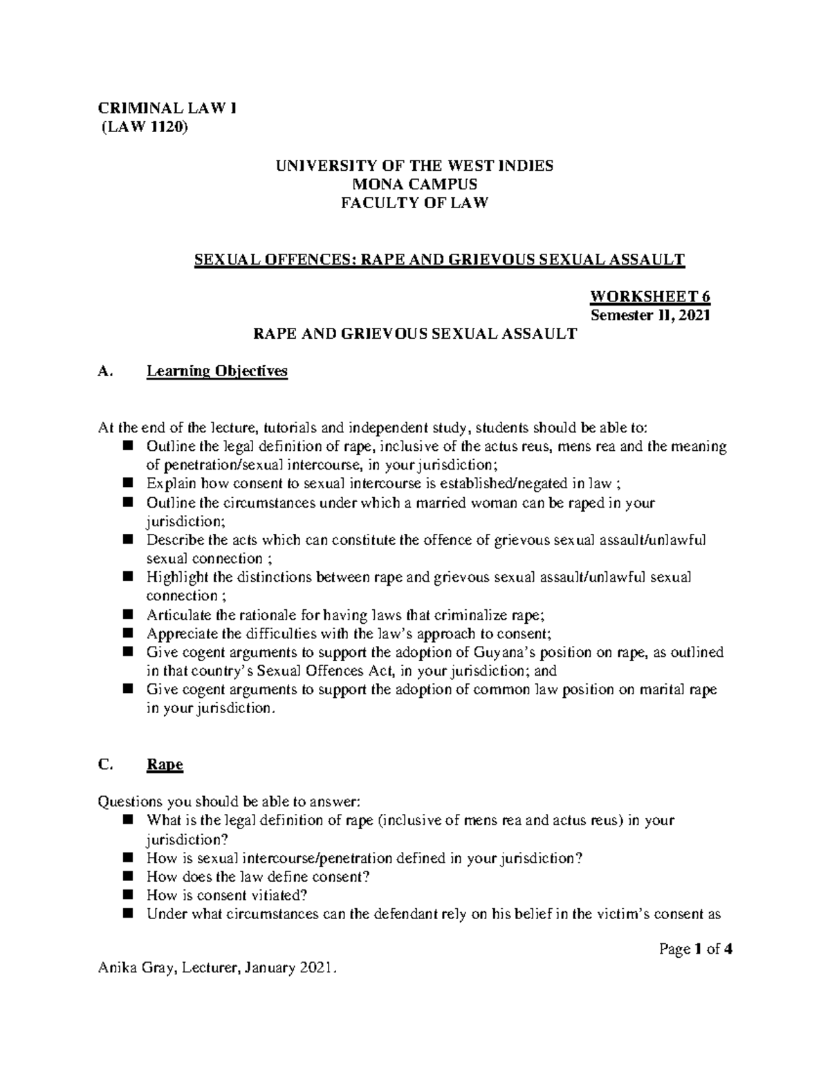 Worksheet 6 Sexual Offences 2 (elements and cases) - Criminal Law - UWI ...