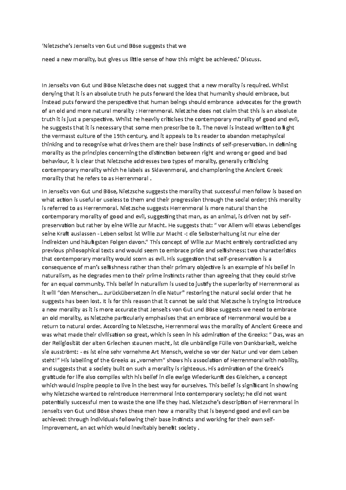 Nietzsche Essay - ‘Nietzsche’s Jenseits von Gut und Böse suggests that ...