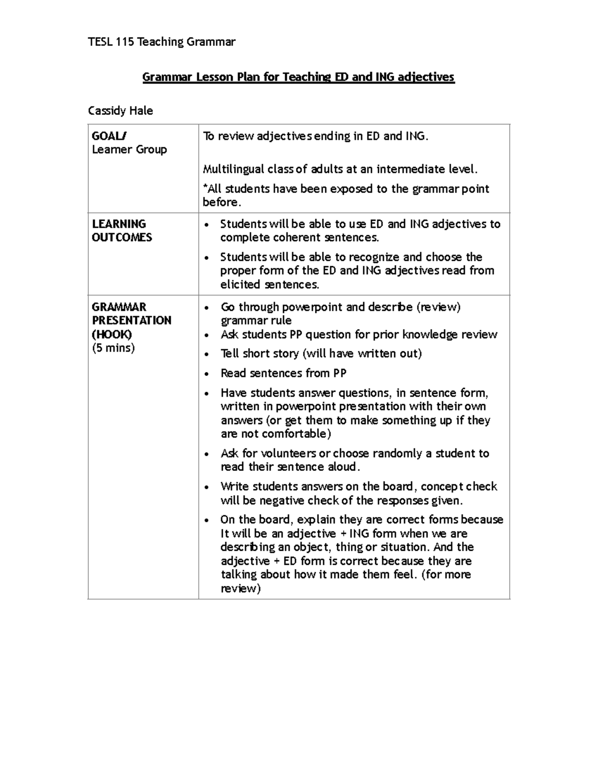 Grammar lesson plan ed and ing adjectives - TESL 115 Teaching Grammar ...