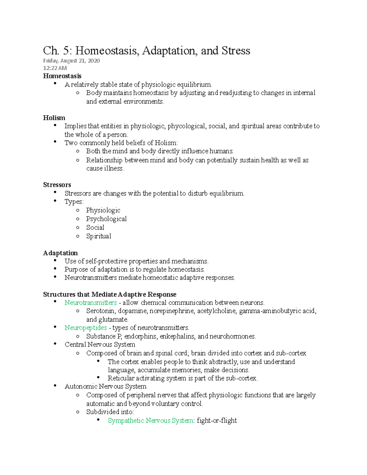 Homeostasis, Adaptation, and Stress - Ch. 5: Homeostasis, Adaptation ...