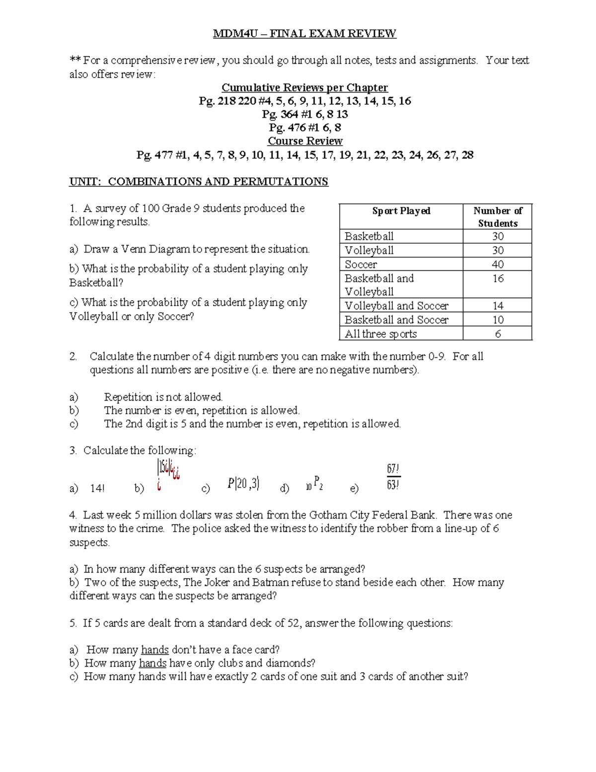 2015 review final exam - university statistics exam prep - MDM4U ...