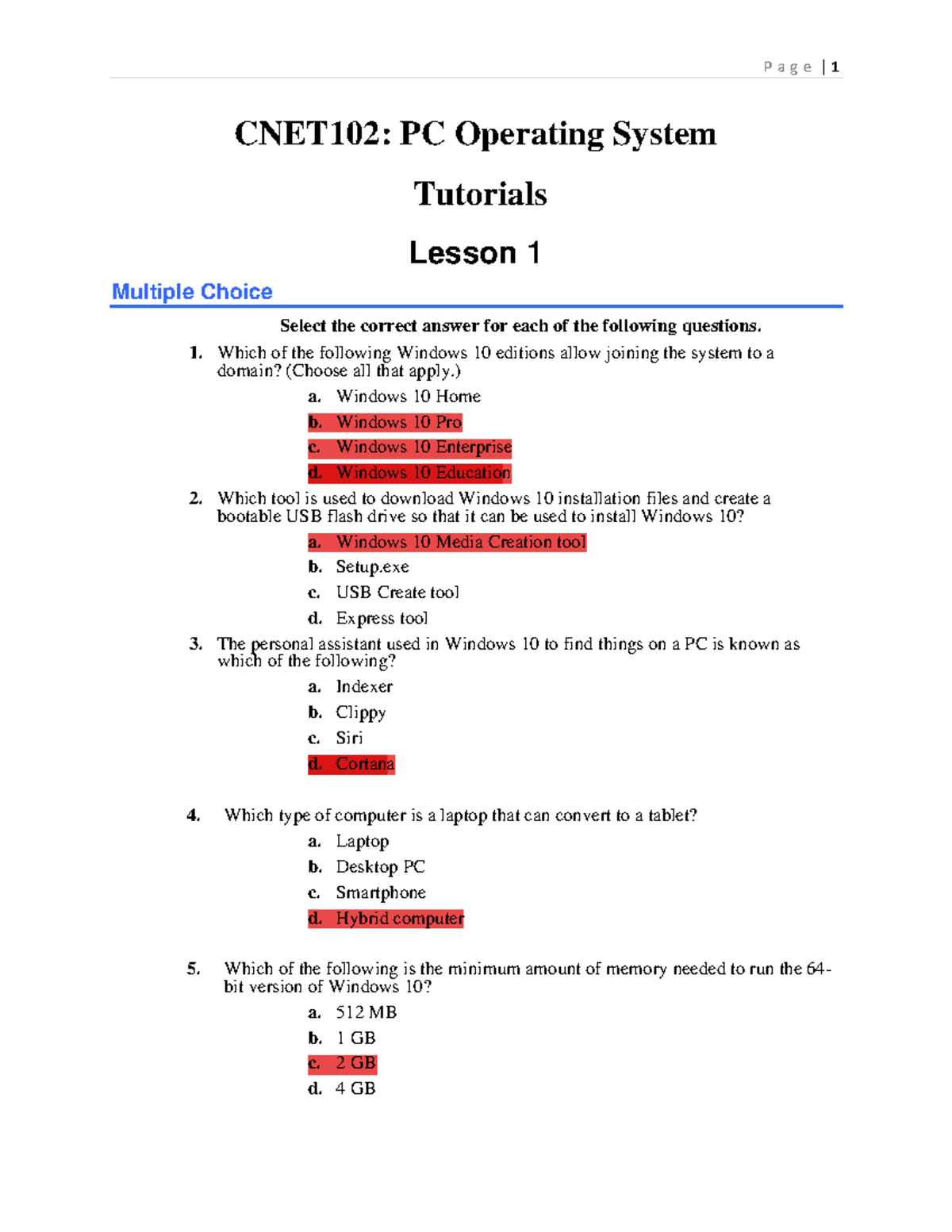 CNET102 Tutorials 1 Lesson 1 - 5 with answer - CNET102: PC Operating System Tutorials Lesson 1 ...