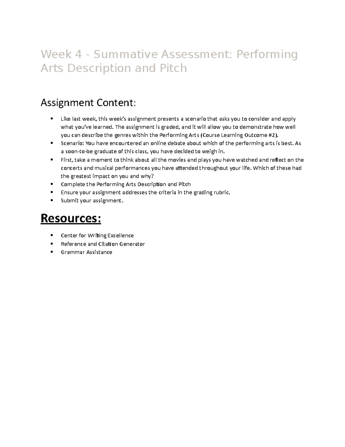 Week 4 summative assessment Performing Arts Description and Pitch ...