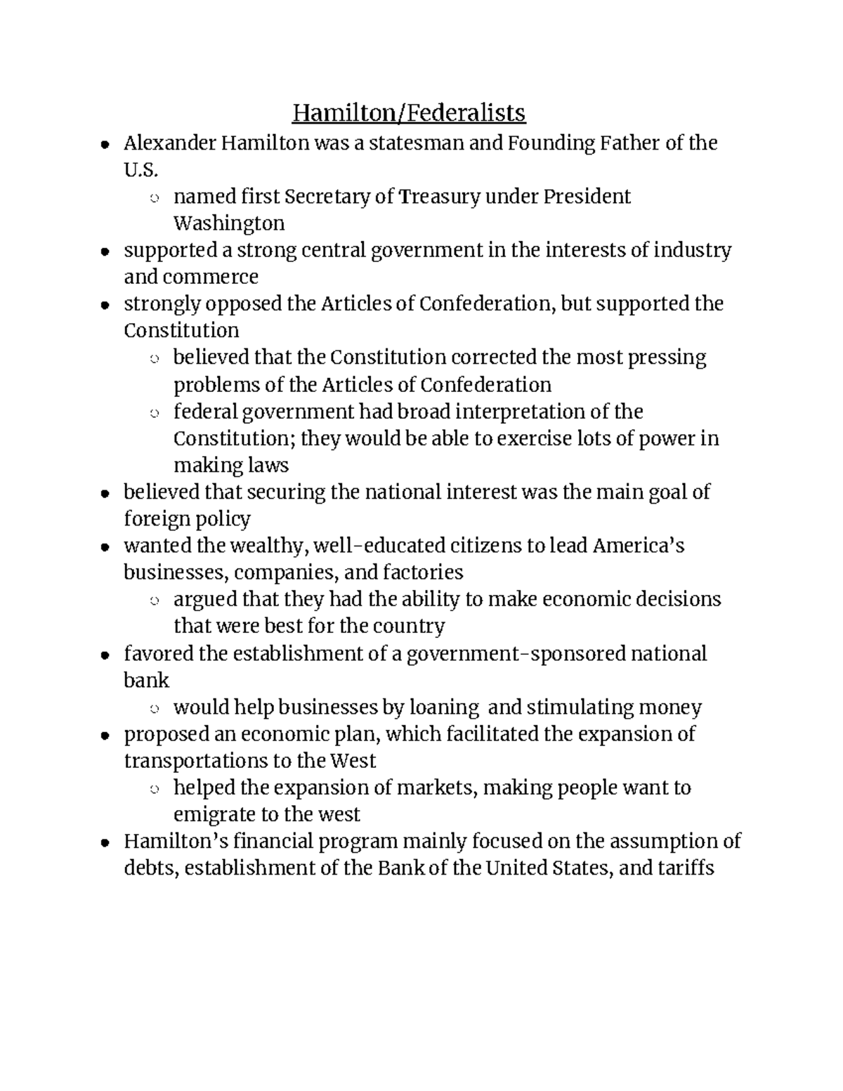 Hamilton v. jefferson - class notes for project - Hamilton/Federalists ...