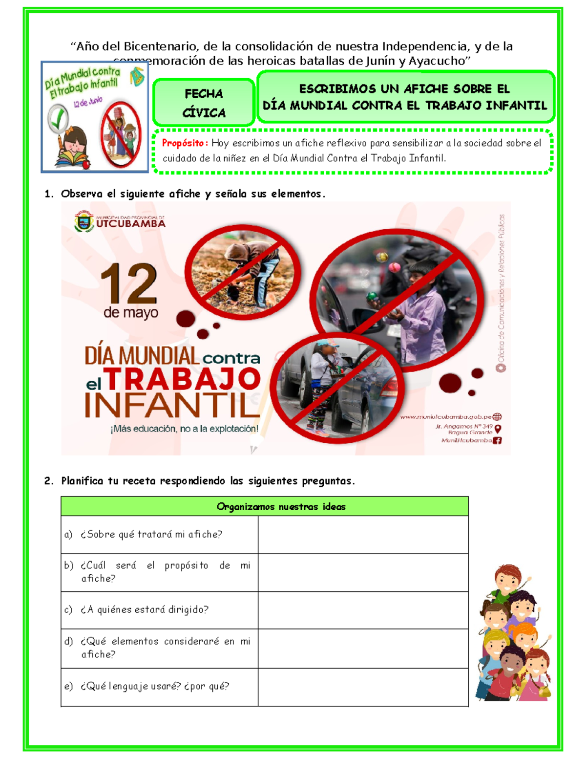 Ficha- Fecha Cívica-DÍA Mundial Contra EL Trabajo Infantil- Jezabel ...