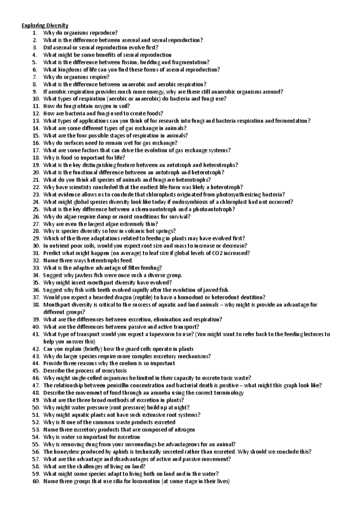 Biology Checklist 2 - Questions - Exploring Diversity 1. Why do ...