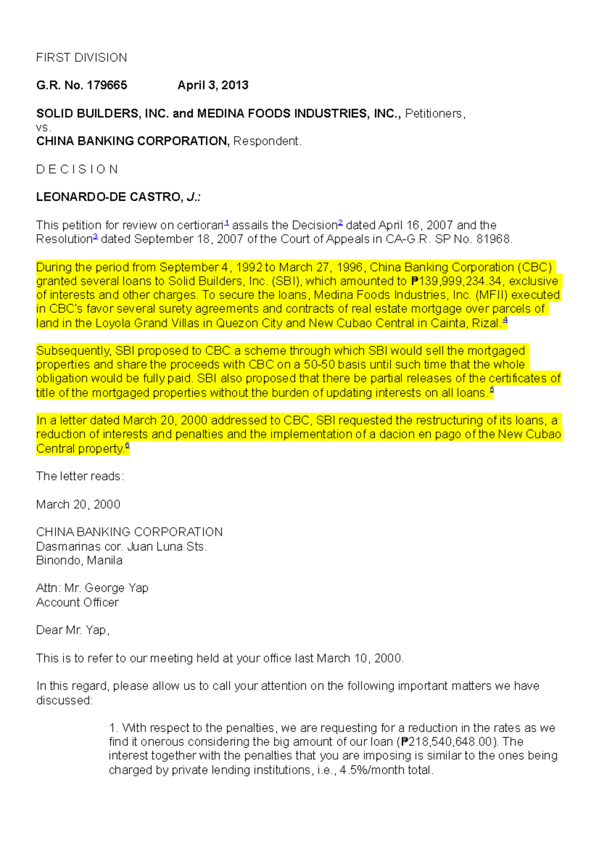 Solid Builders V Chinabank - FIRST DIVISION G. No. 179665 April 3, 2013 ...