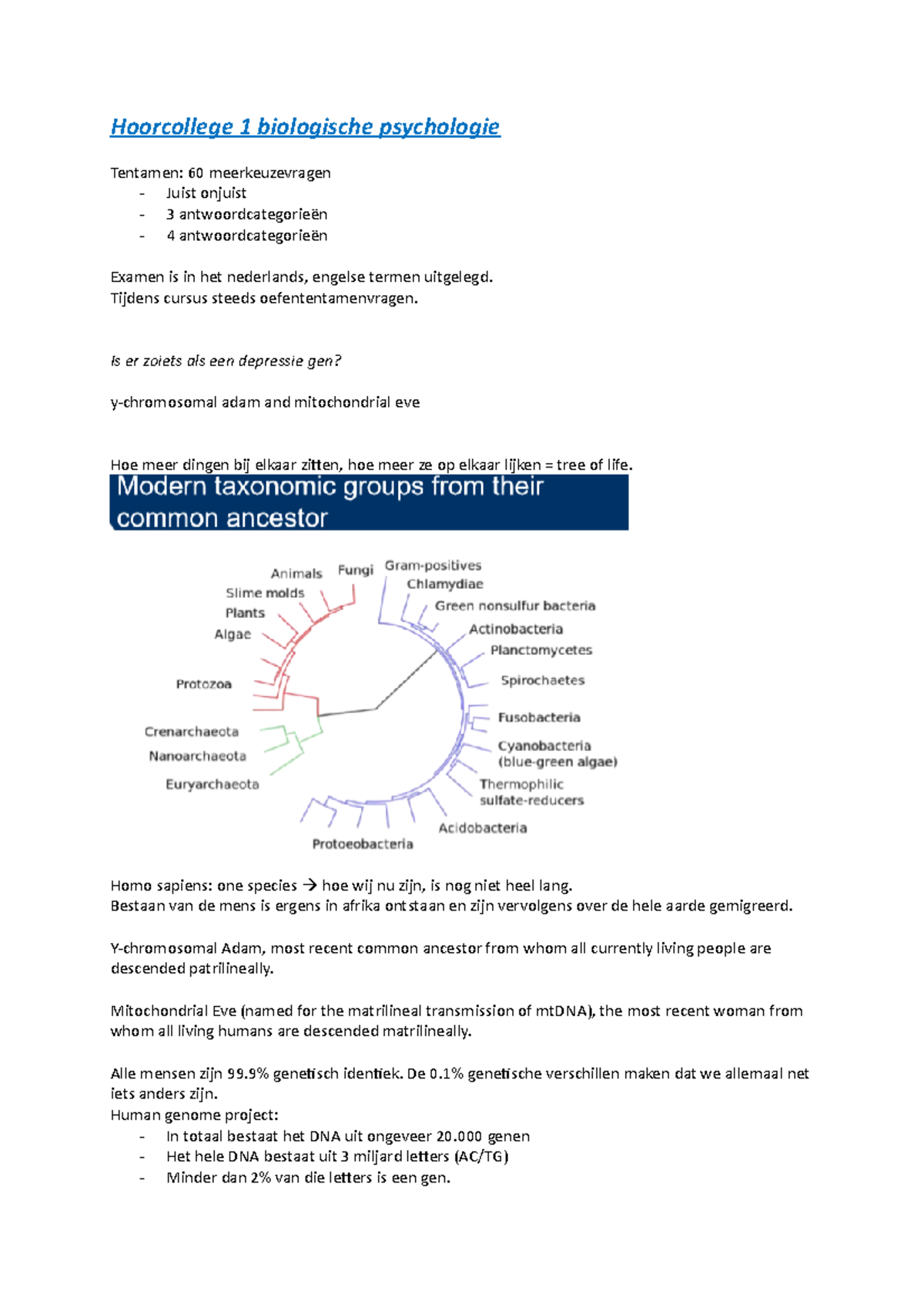 Hoorcollege 1 Biologische Psychologie Hoorcollege 1 Biologische