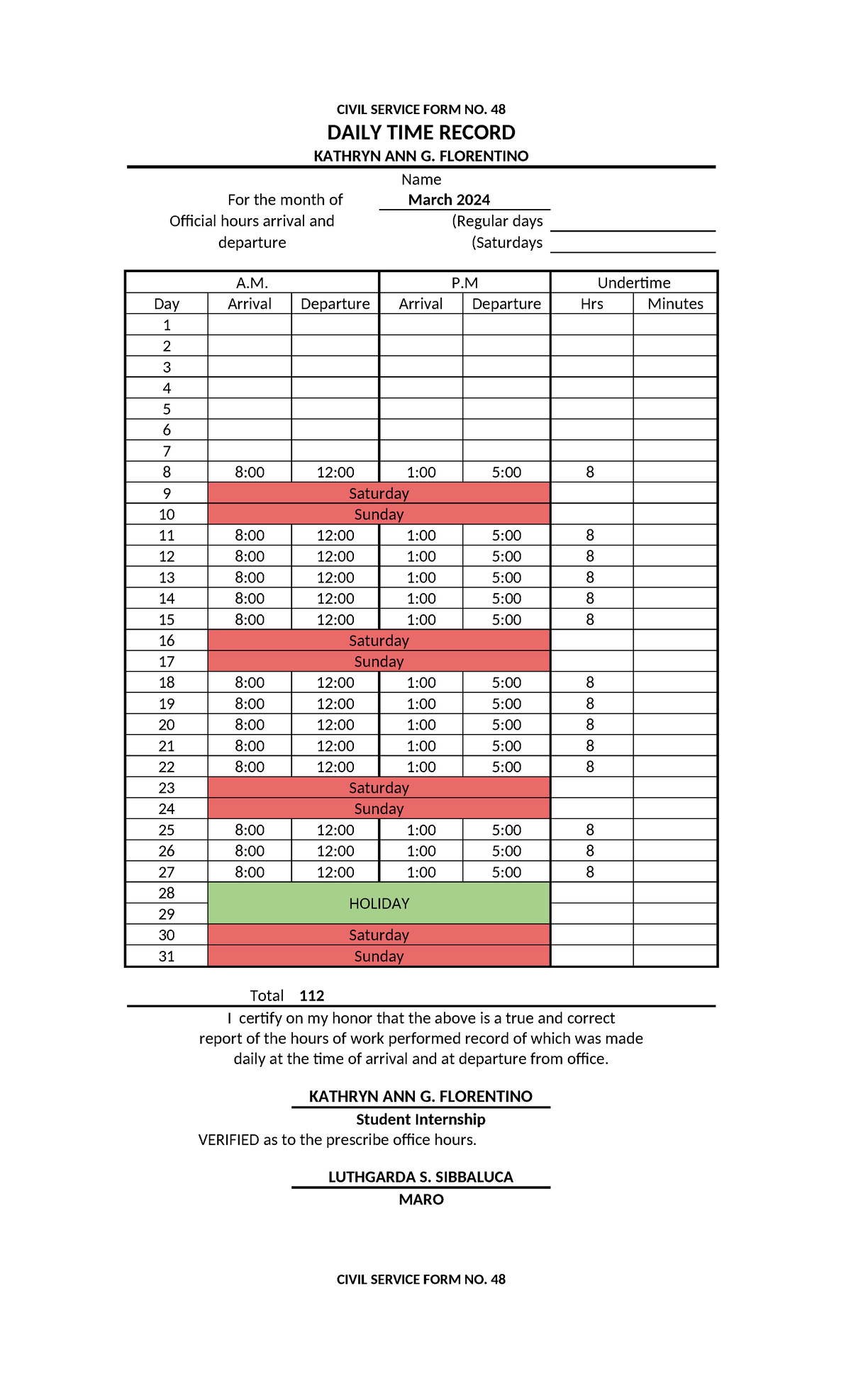 Florentino DTR of DAR - CIVIL SERVICE FORM NO. 48 DAILY TIME RECORD ...