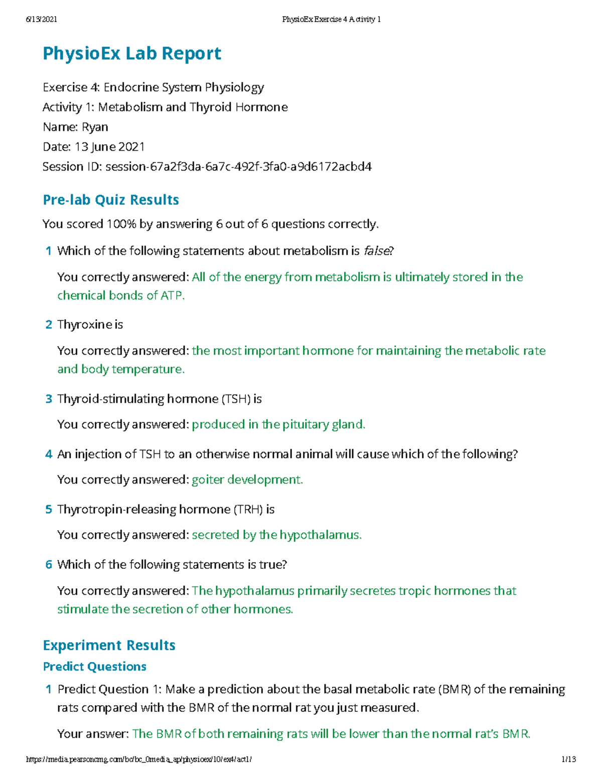 Lab 4 - PhysioEx Lab Report Exercise 4: Endocrine System Physiology ...