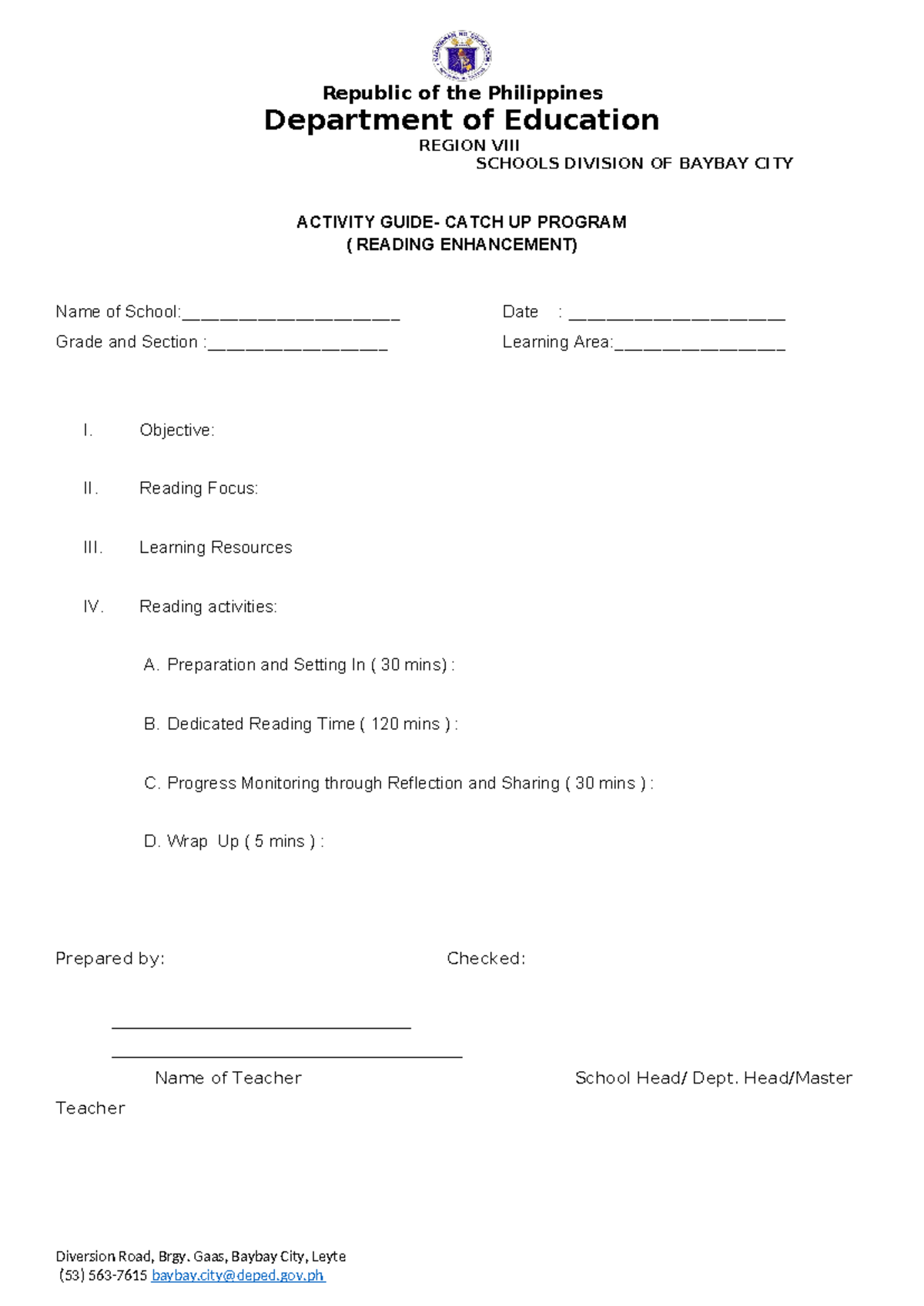 Activity Guide Catch up program 2024 - Department of Education REGION ...