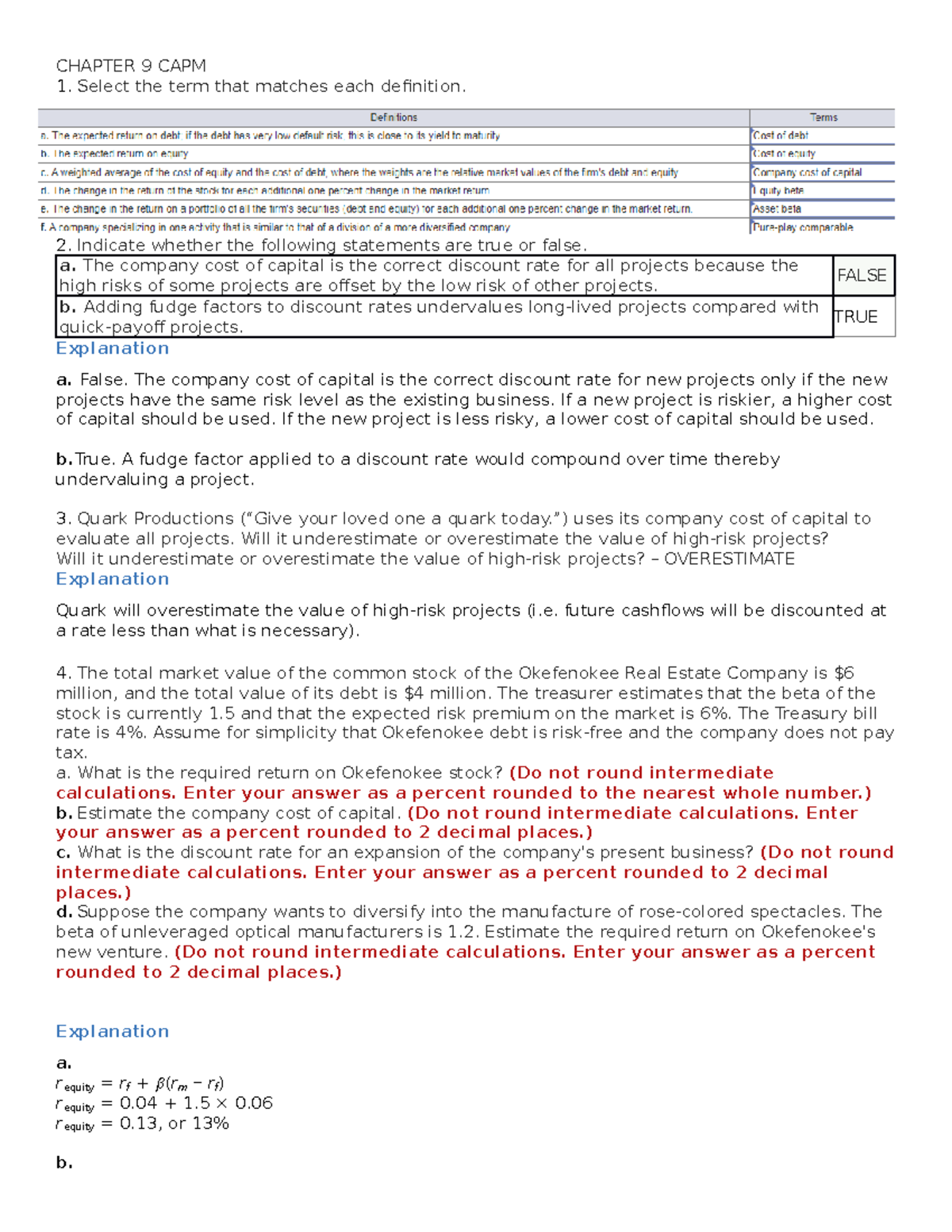 Chapter 9 CAPM - CHAPTER 9 CAPM Select the term that matches each definition. Indicate whether ...