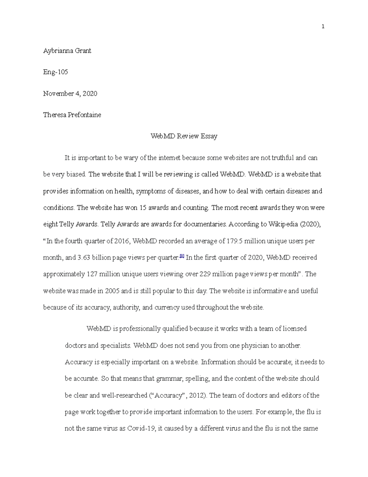 Web MD Review Essay - Aybrianna Grant Eng- November 4, 2020 Theresa ...
