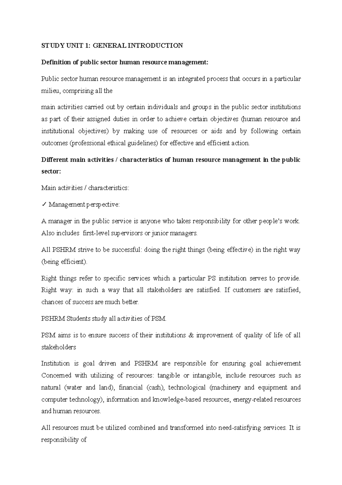 Public Human Resource Management Notes - STUDY UNIT 1: GENERAL ...