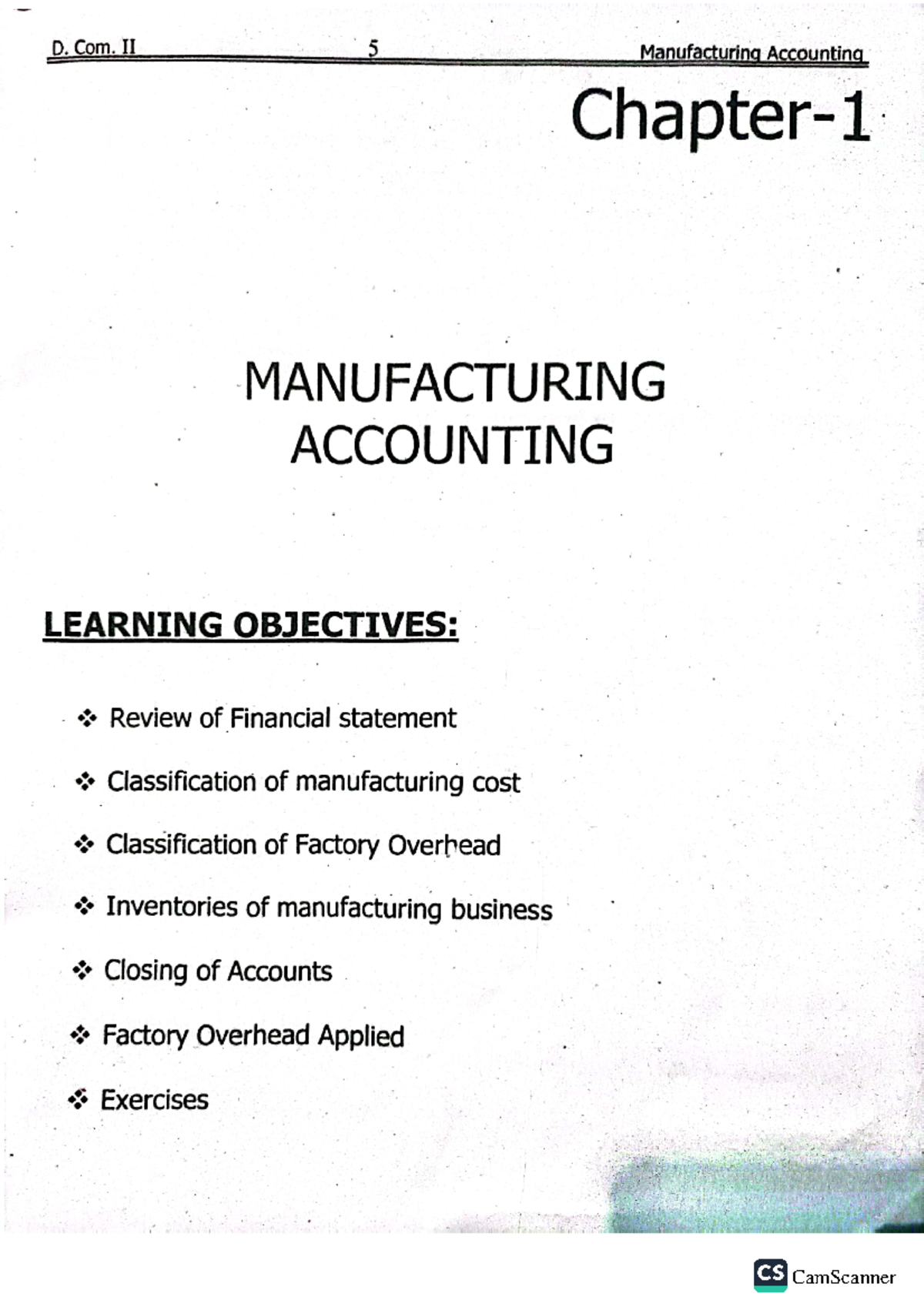 D.COM 2 Chapter NO. 01 Manufacturing Accounting - Computer Science ...