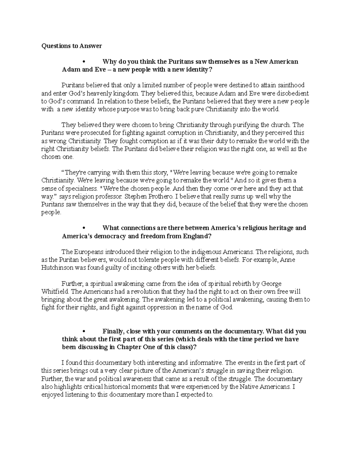 God in America Assignment - Questions to Answer Why do you think the ...