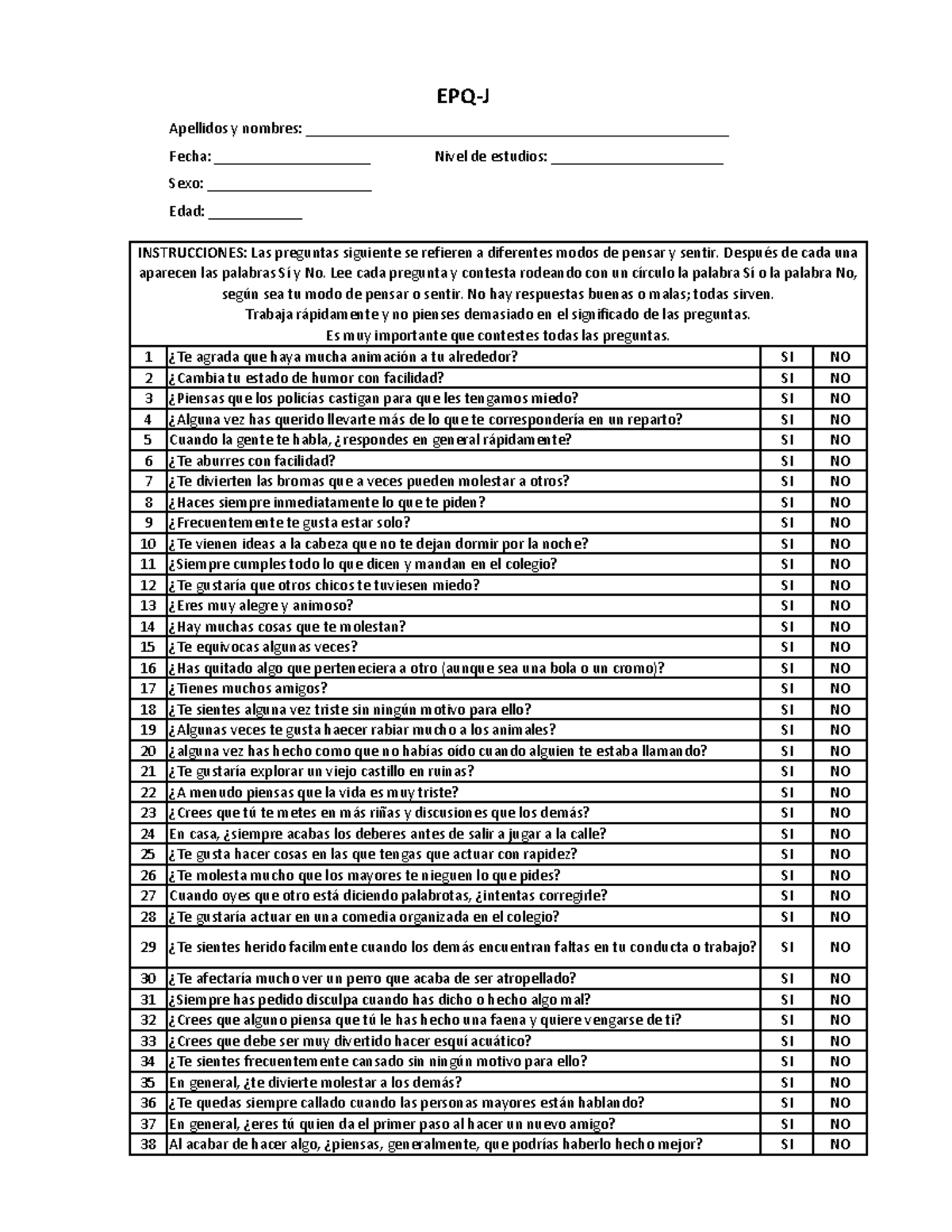 EPQ-J - Formato en Excel - EPQ-J Apellidos y nombres: - Studocu