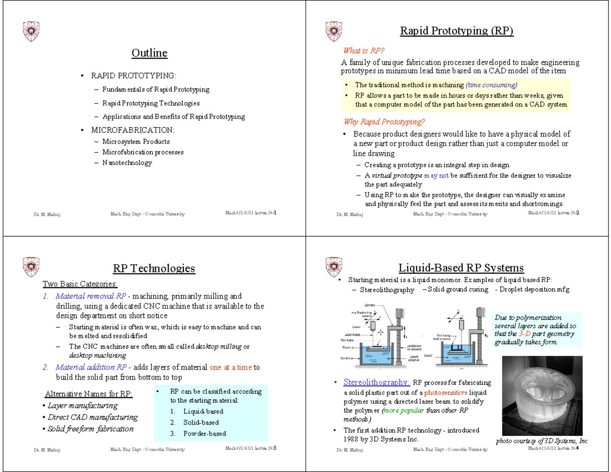 Lecture 25 rapid prototyping MECH 421 - Dr. M. Medraj Mech. Eng. Dept. - Concordia University ...