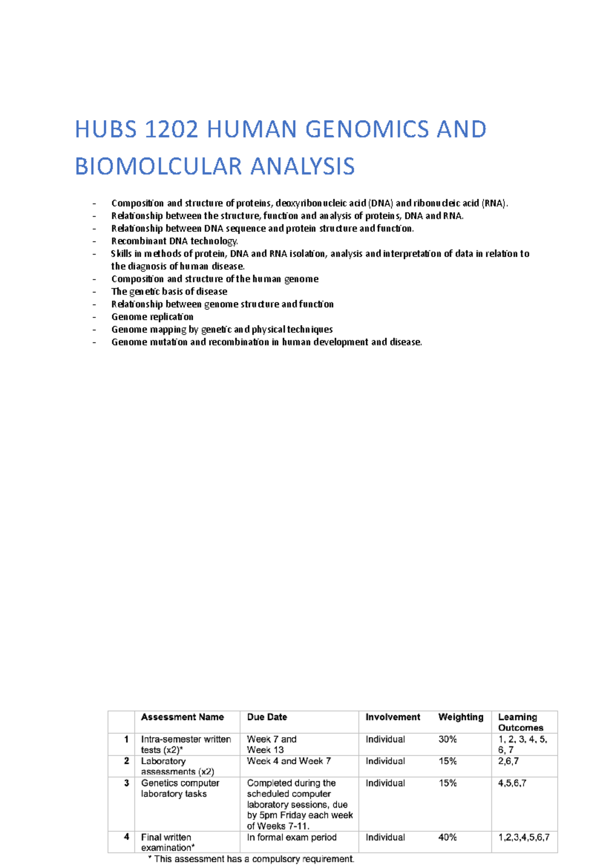 HUBS1202 Lecture Notes - HUBS 1202 HUMAN GENOMICS AND BIOMOLCULAR ...