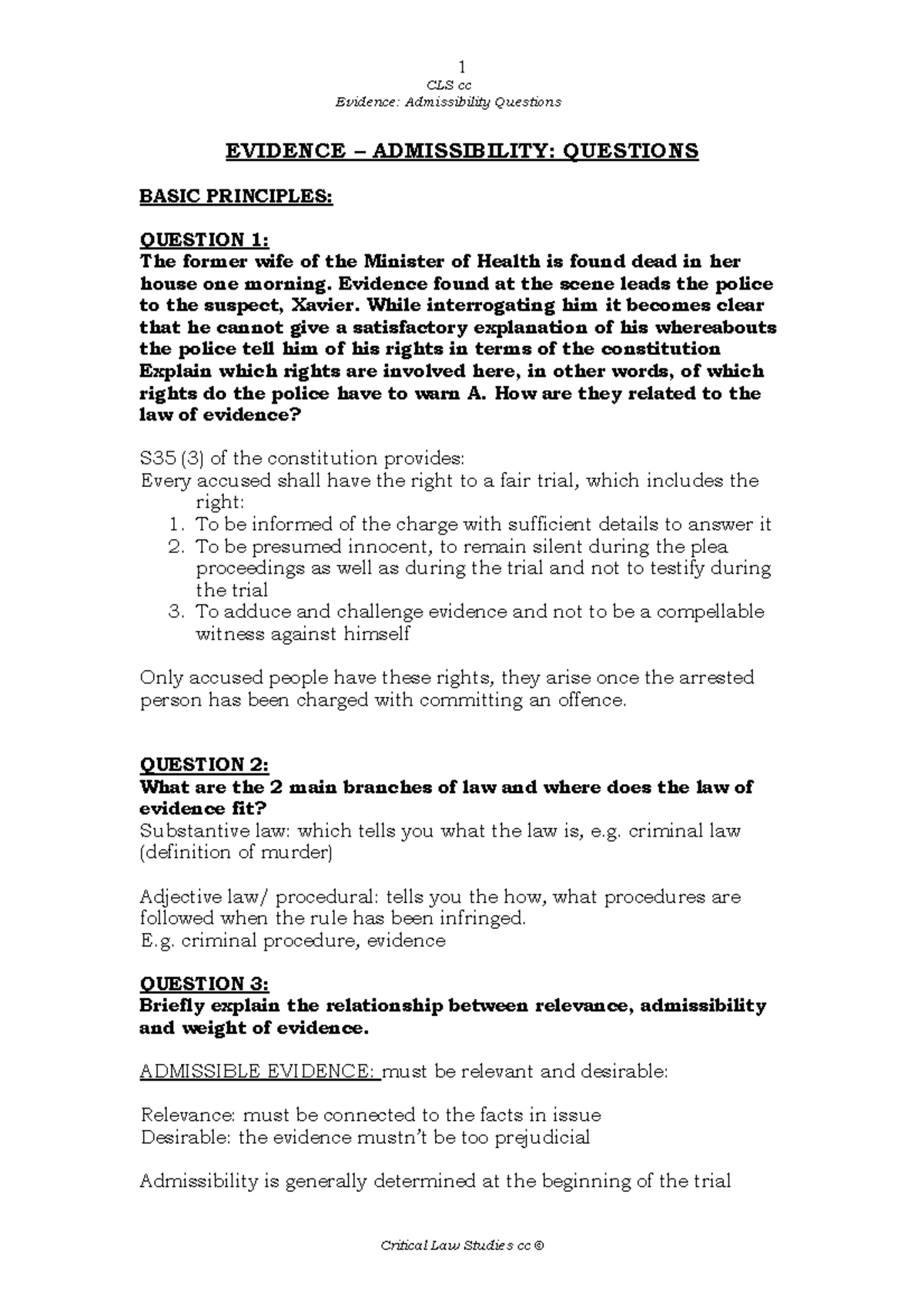 FINAL 1 2015, questions - 1 CLS cc Evidence: Admissibility Questions ...