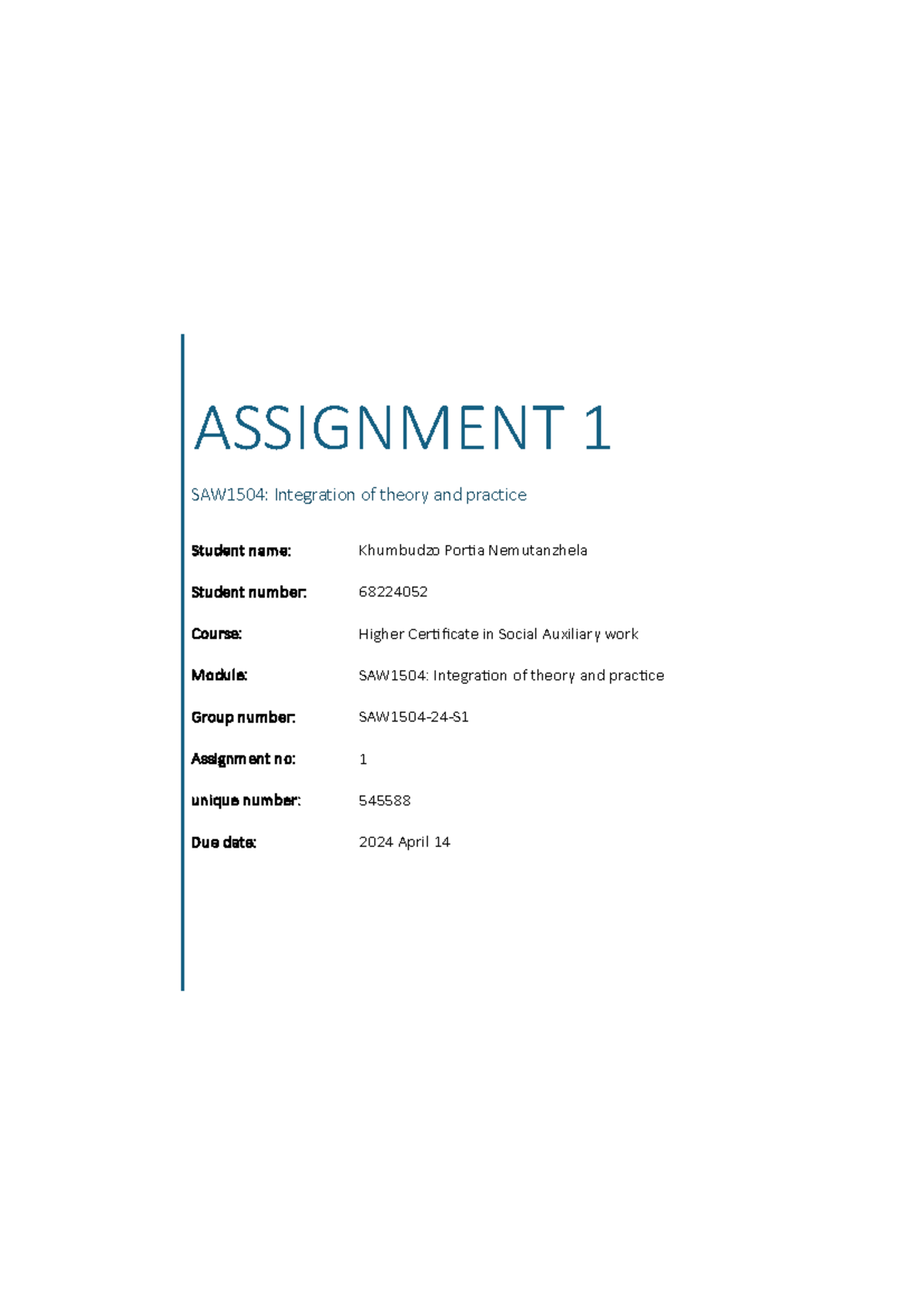 Saw1504 assignment 1 - Summary social auxiliary worker - ASSIGNMENT 1 ...