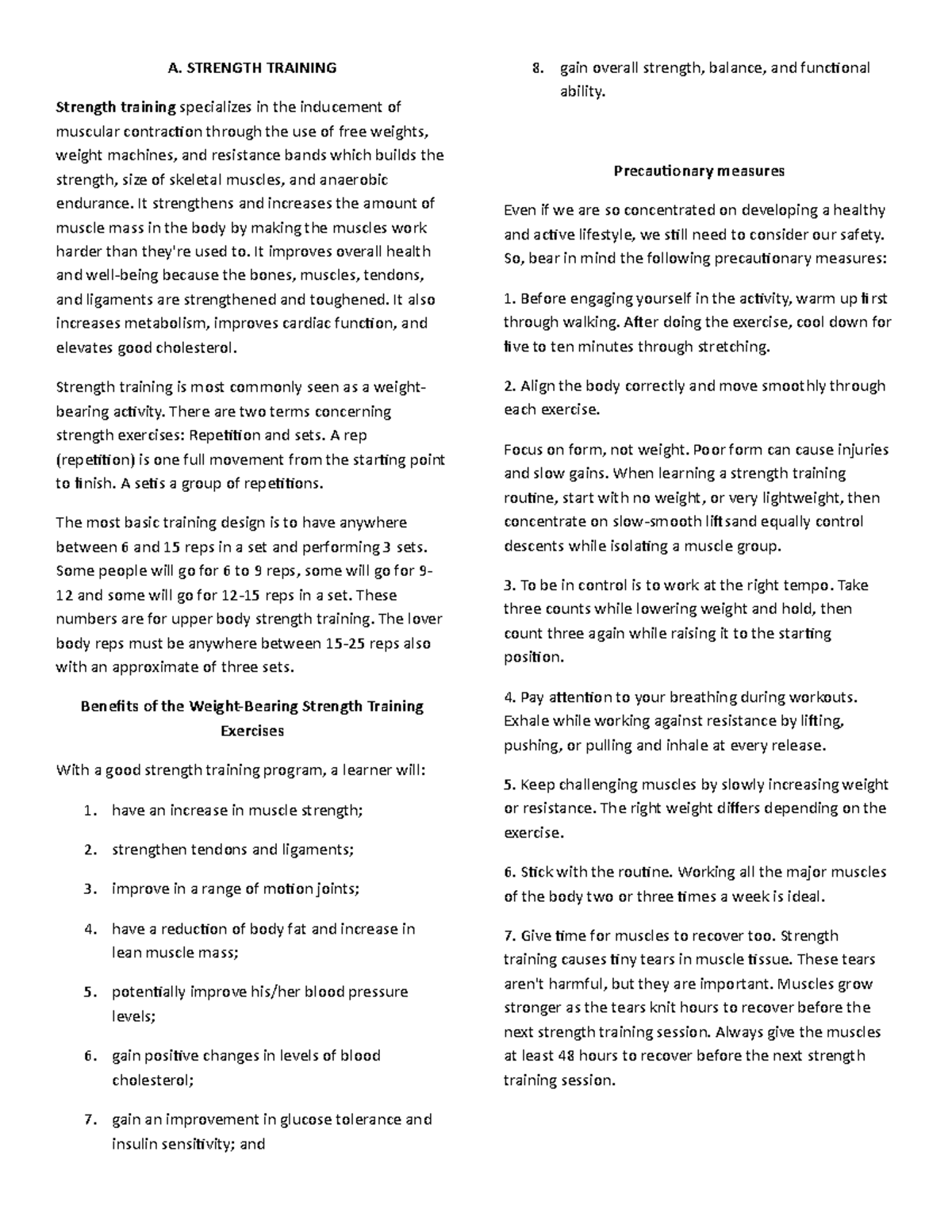 Strength Training Notes in PE - A. STRENGTH TRAINING Strength training ...