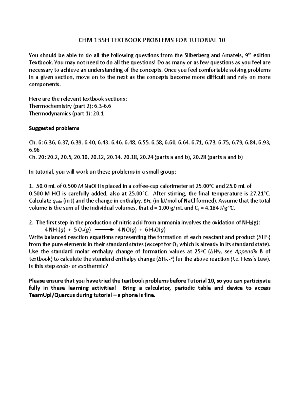 Tutorial 10 - CHM 135H TEXTBOOK PROBLEMS FOR TUTORIAL 10 You should be ...