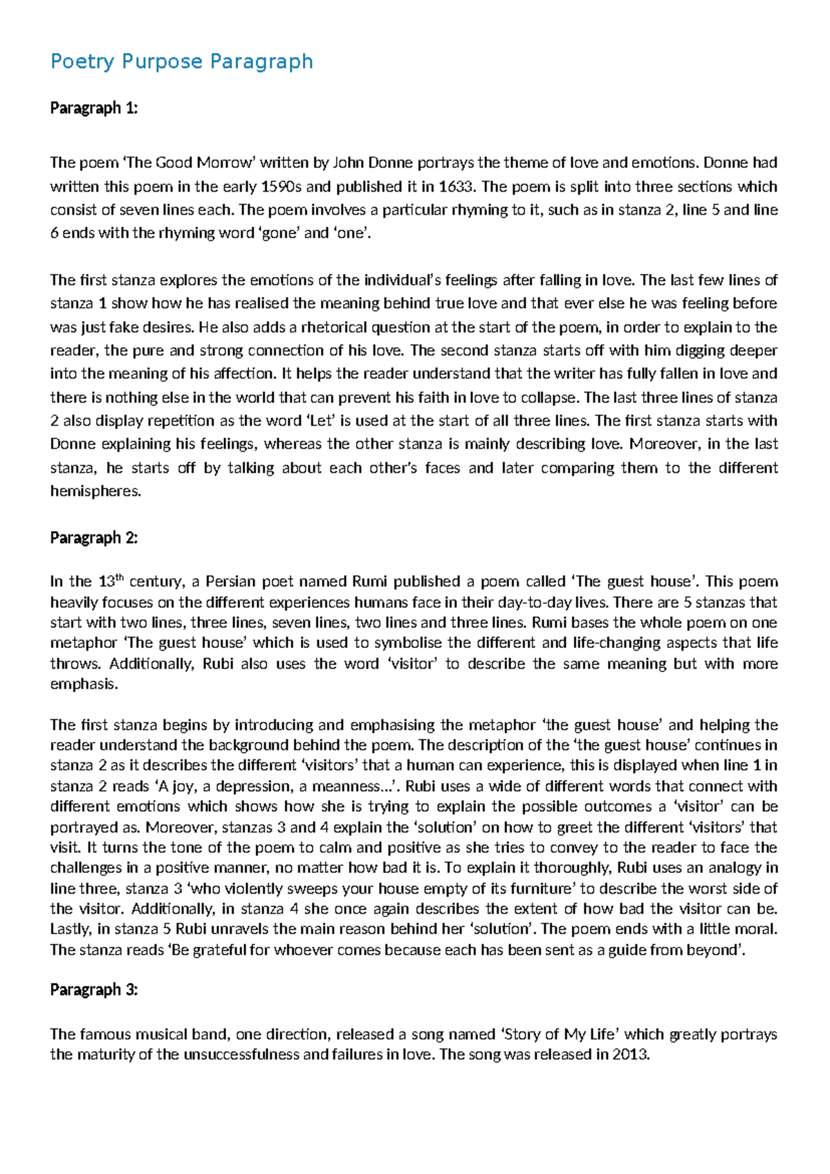 Poetry Purpose Paragraph - Poetry Purpose Paragraph Paragraph 1: The ...