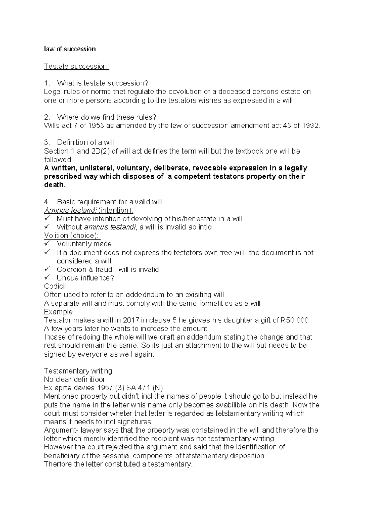 Testate succession - notes - law of succession Testate succession What ...