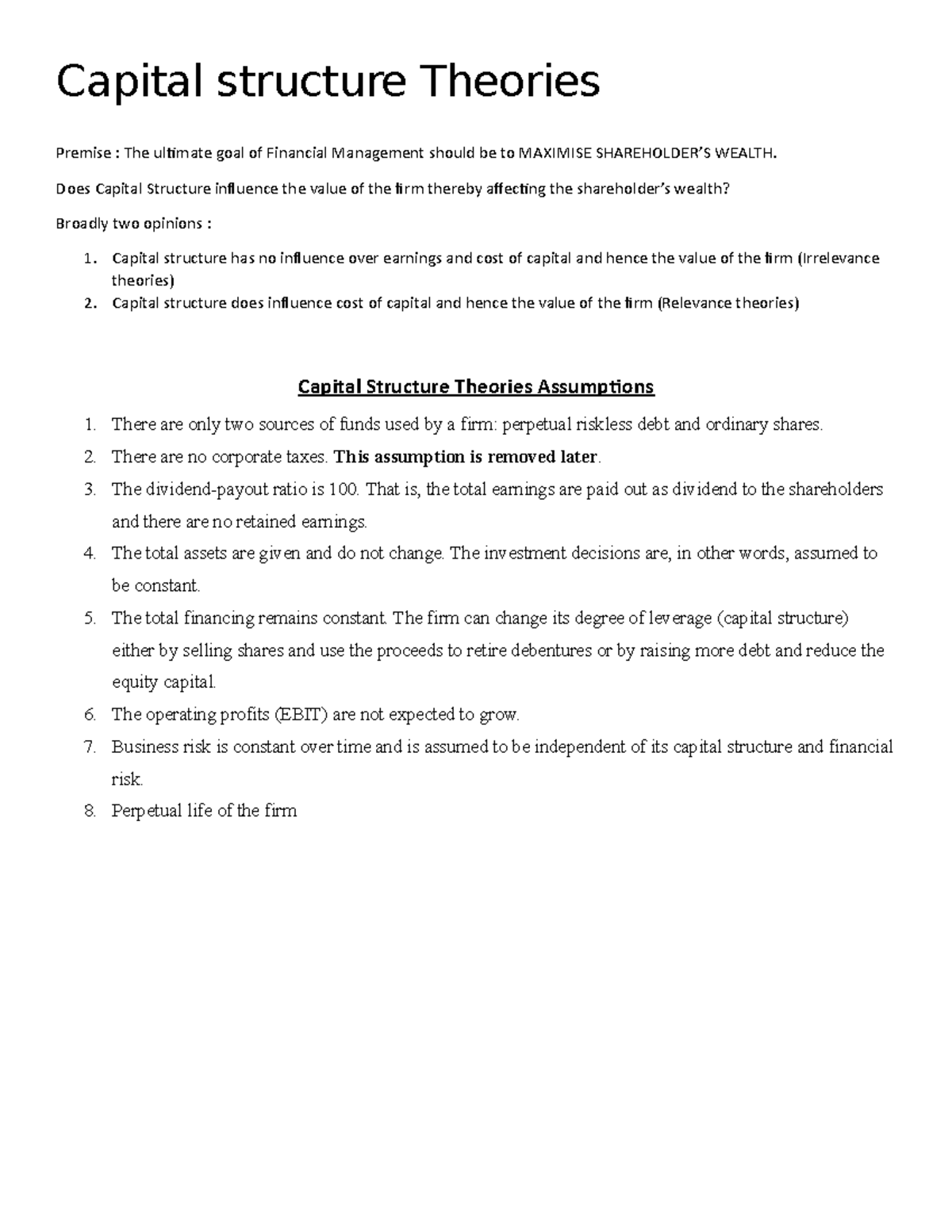 Capital structure Theories batch 2022 - Capital structure Theories ...