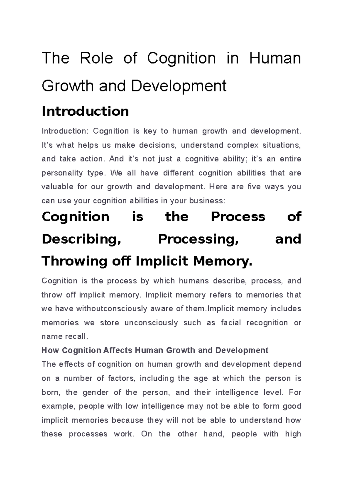 The Role of Cognition in Human Growth and Development - The Role of ...