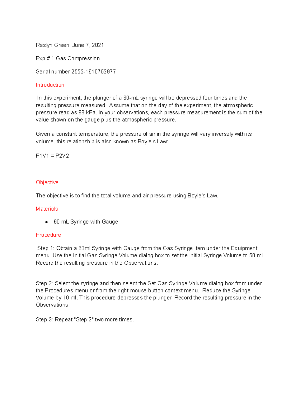 Lab 1 - lab assignment - Raslyn Green June 7, 2021 Exp # 1 Gas ...