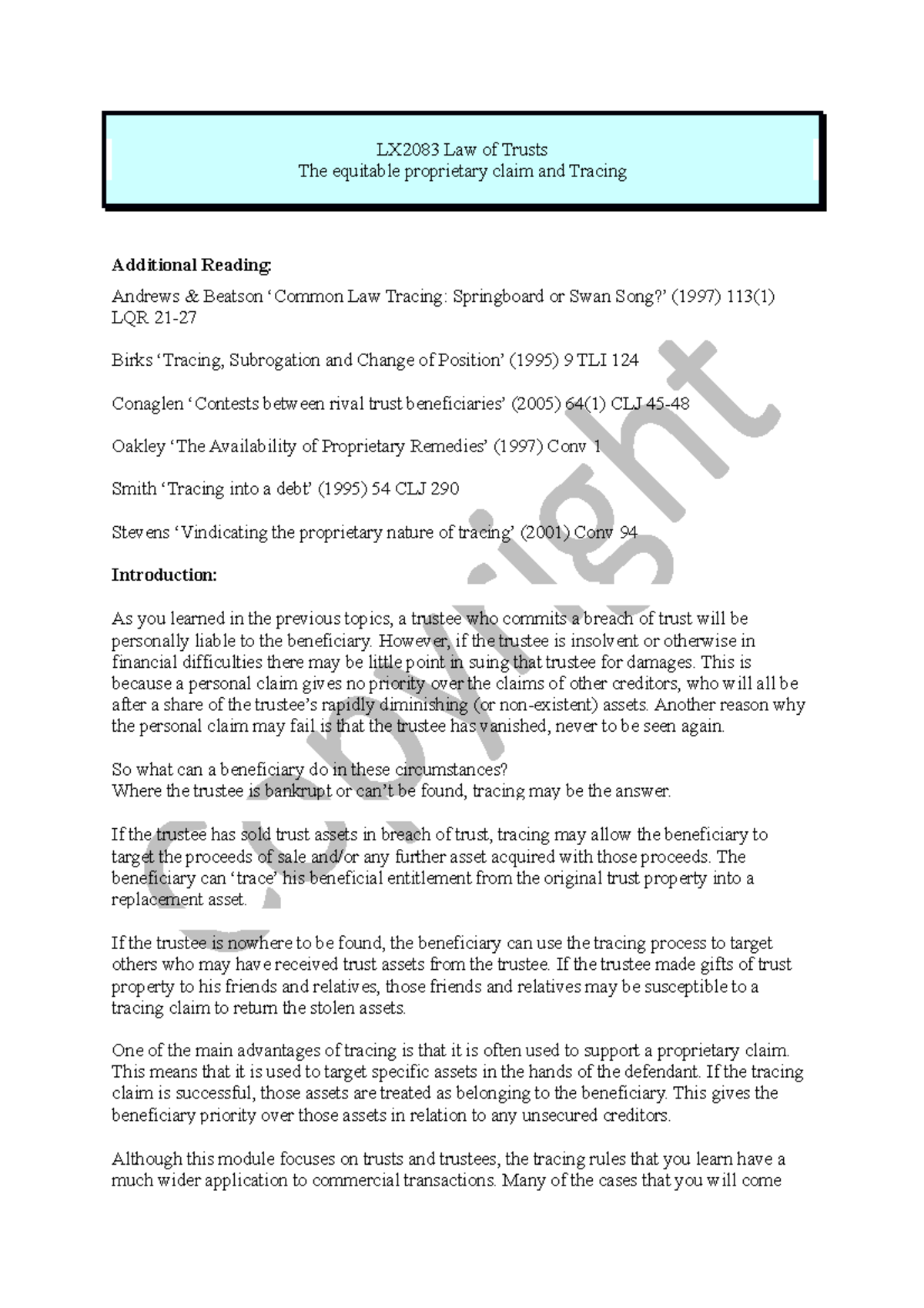 Tracing Handout - Lec notes - LX2083 Law of Trusts The equitable ...