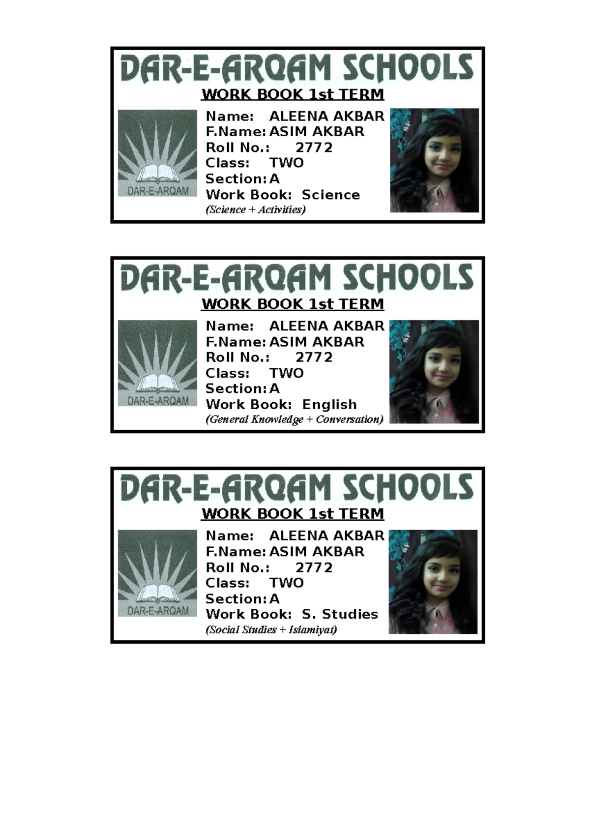 DAR-E- Arqam - Documents - WORK BOOK 1st TERM Name: ALEENA AKBAR F ...