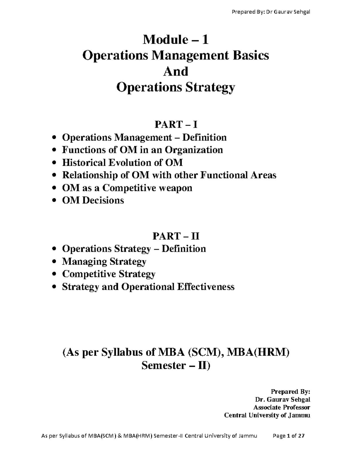 Om Basics And Om Strategy Module 1 Operations Management Basics And