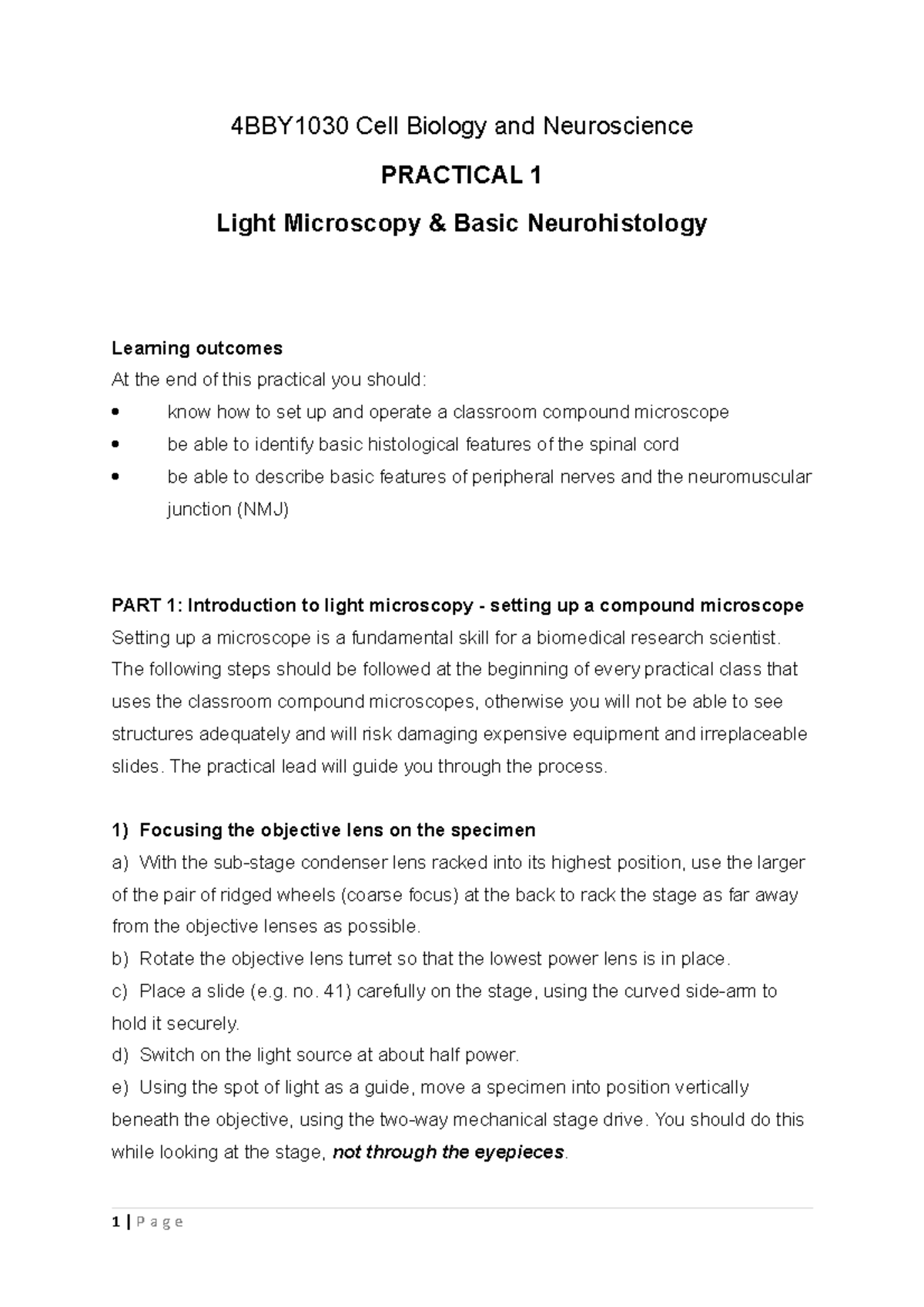 4BBY1030 P1 handout - Practical 1 Worksheet - 4BBY1030 Cell Biology and ...